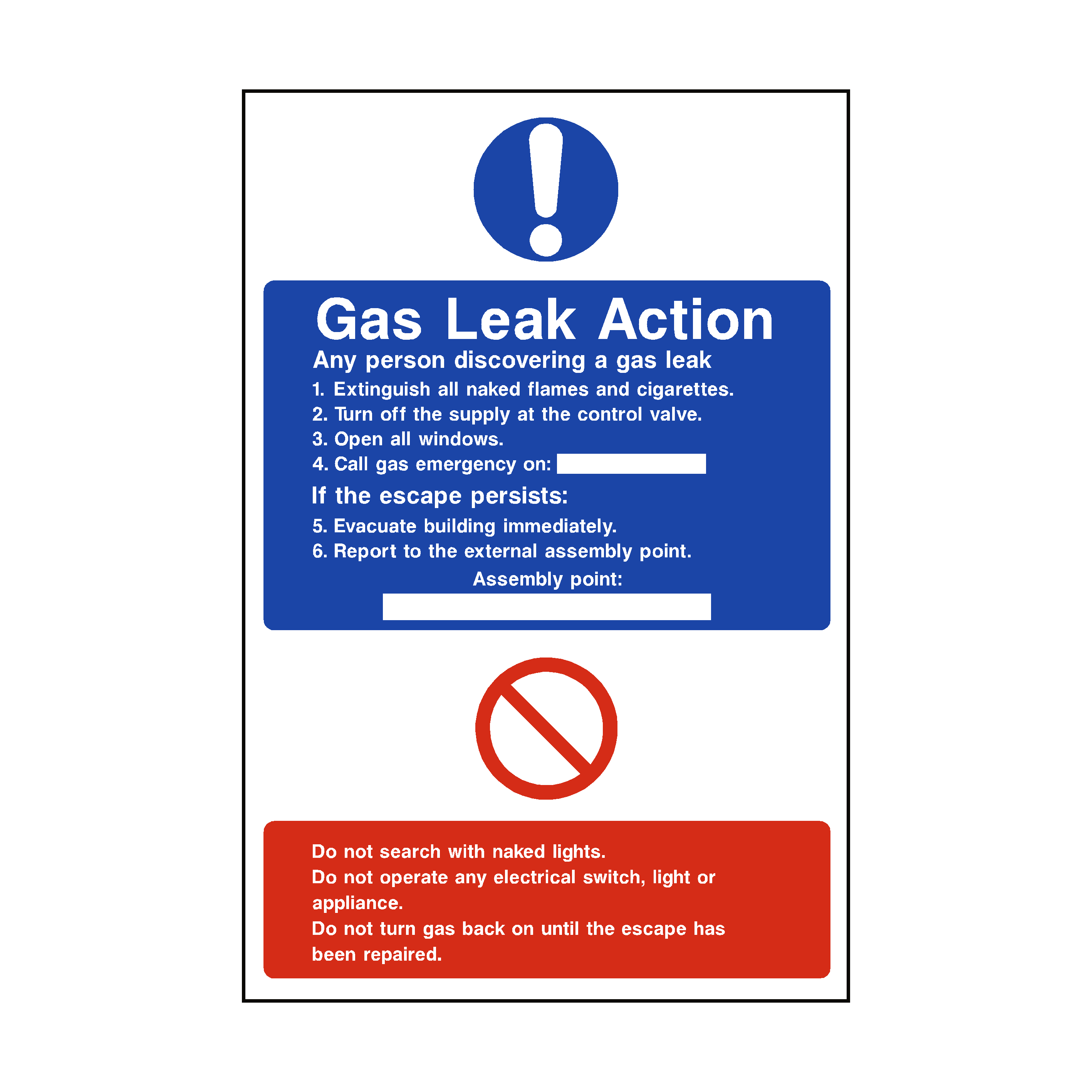 Fire Action Gas Leak Sign | PVC Safety Signs