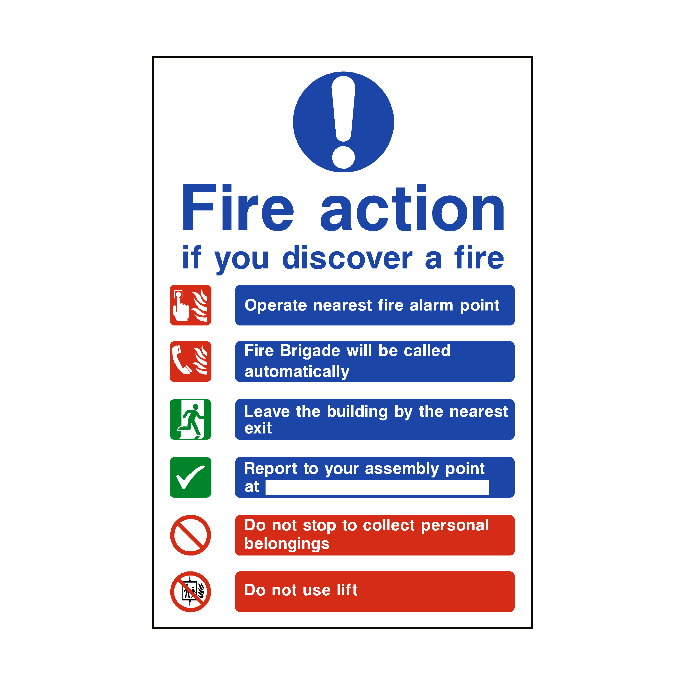 Fire Action Lift & Automatic Alarm Sign | PVC Safety Signs